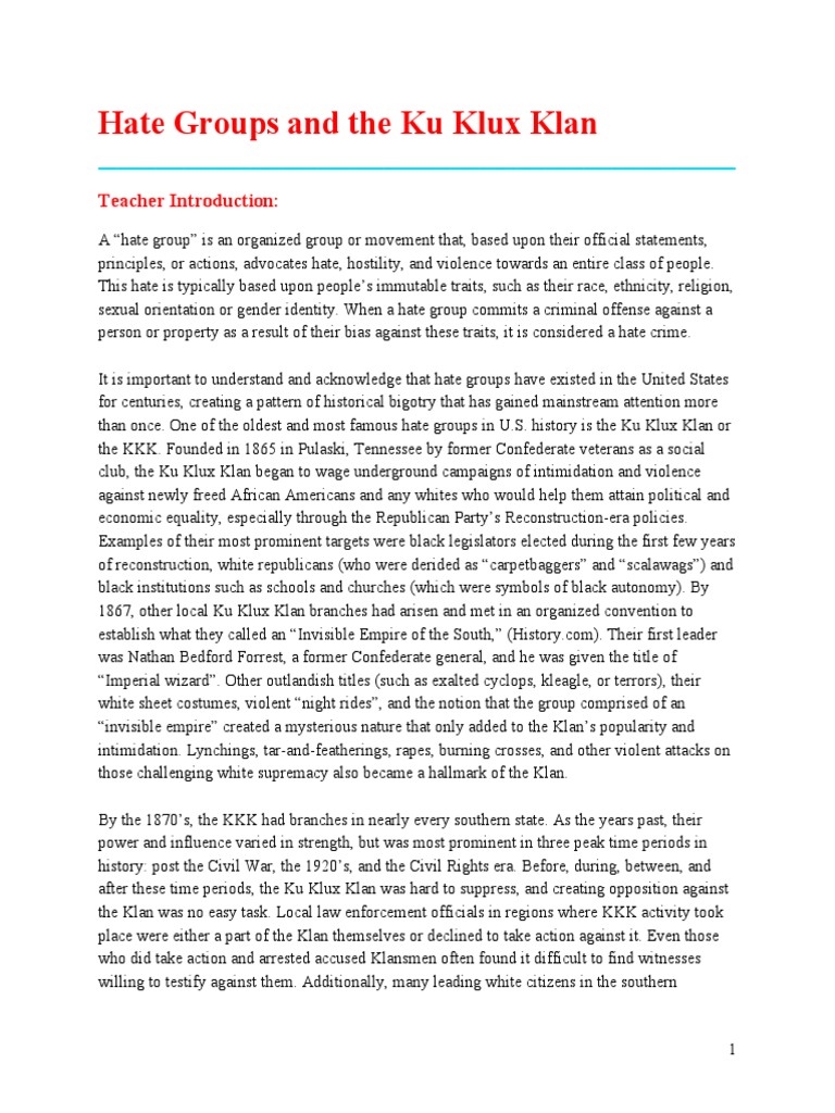Hate Groups Educational Resource | PDF | Ku Klux Klan | Reconstruction Era