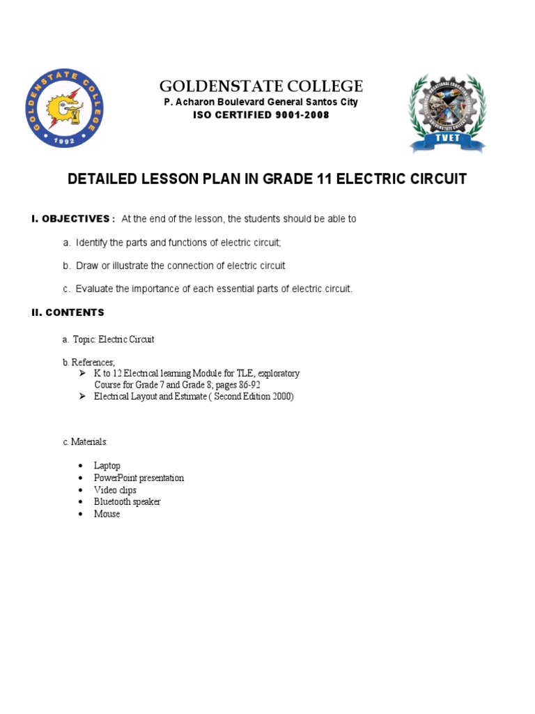 Detailed Lesson Plan in Grade 11 Tle Electricity @19 | PDF | Direct ...