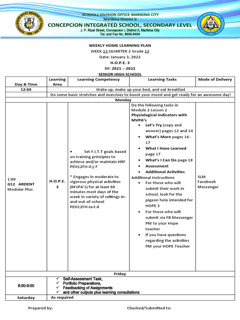 Concepcion Integrated School, Secondary Level: Weekly Home Learning ...