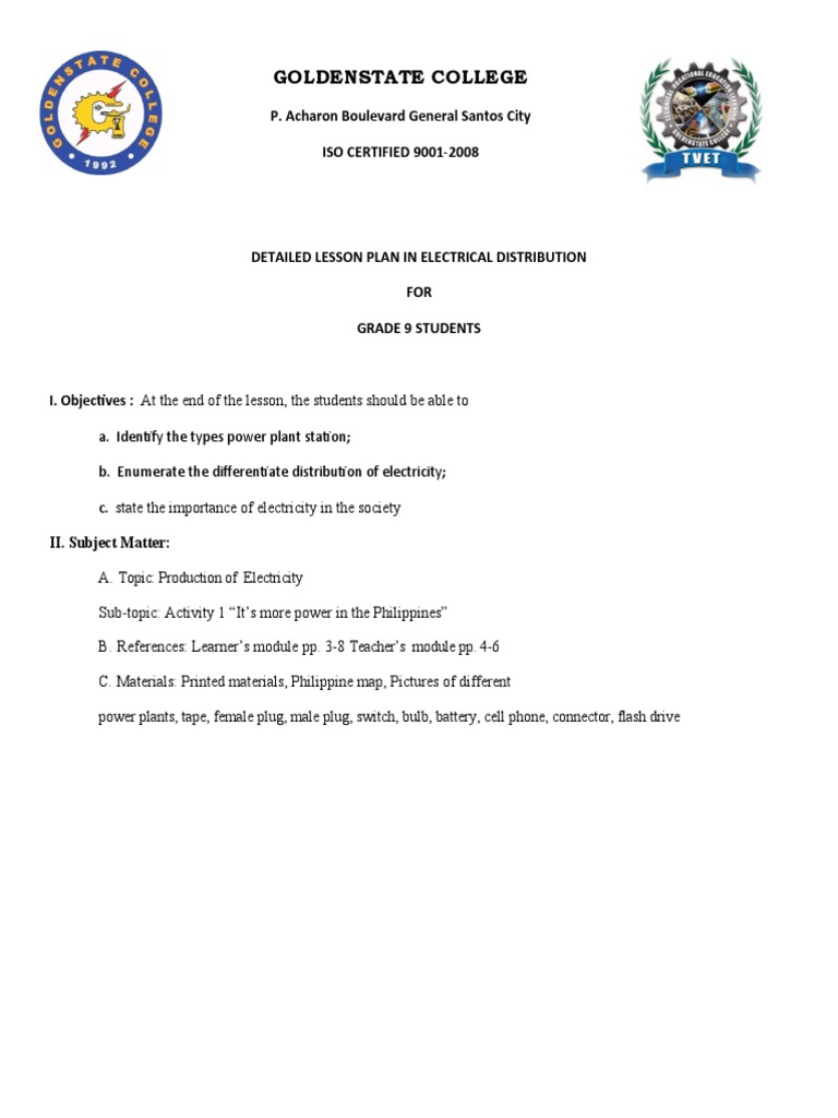 Detailed Lesson Plan in Electrical Distribution | PDF