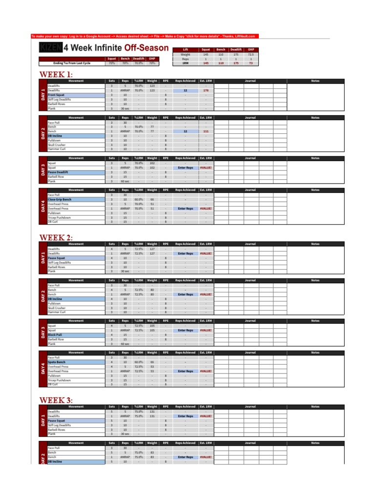 4 Week Strength Training Program with Tracking Spreadsheet | PDF ...