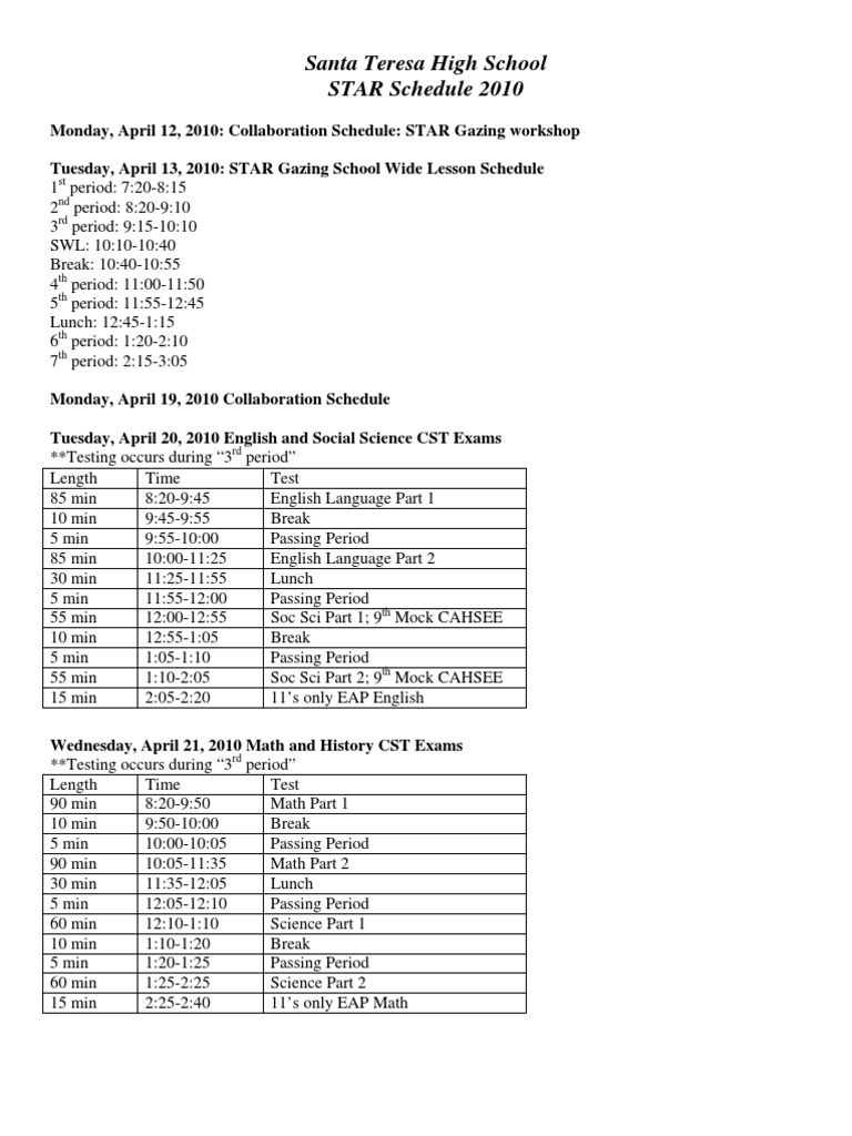 2010 STAR Schedule | PDF