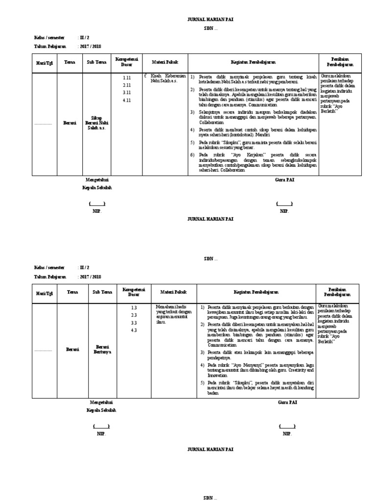 Jurnal Harian Kelas 2 Semester 2 | PDF