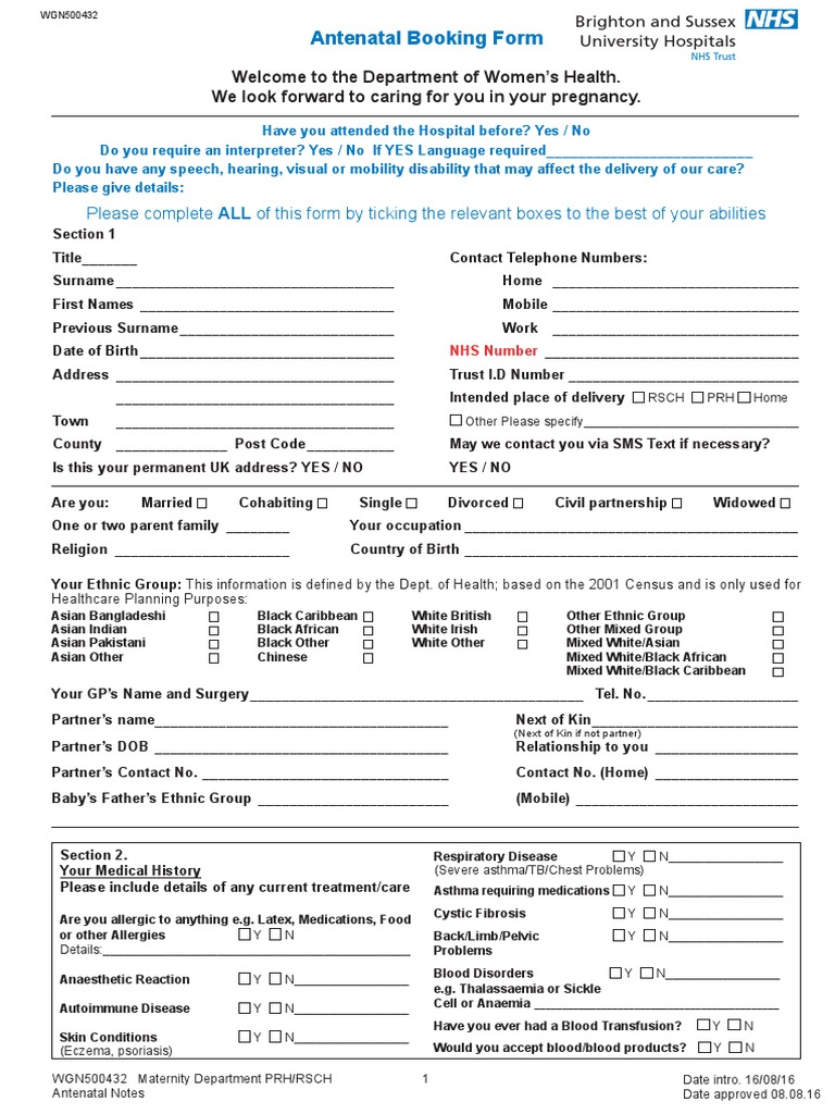 Antenatal Booking Visit Form | PDF | Caesarean Section | Pregnancy