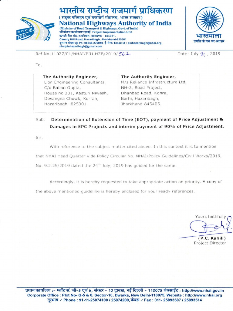 NHAI Circular - Determination of EOT | PDF | Road Infrastructure | Road
