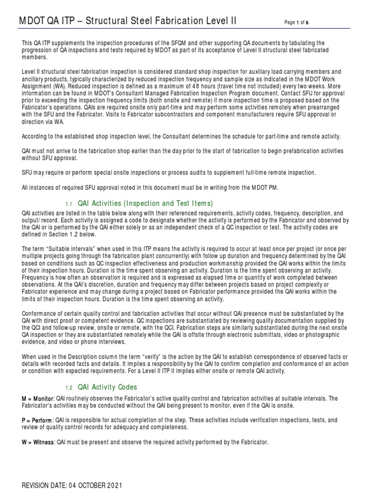 MDOT QA ITP - Structural Steel Fabrication Level II: QAI Activities ...