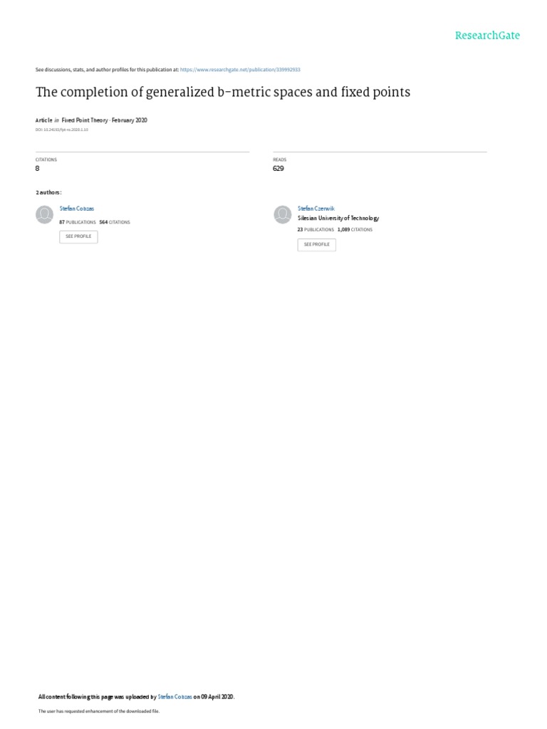 The Completion of Generalized B-Metric Spaces and Fixed Points | PDF ...