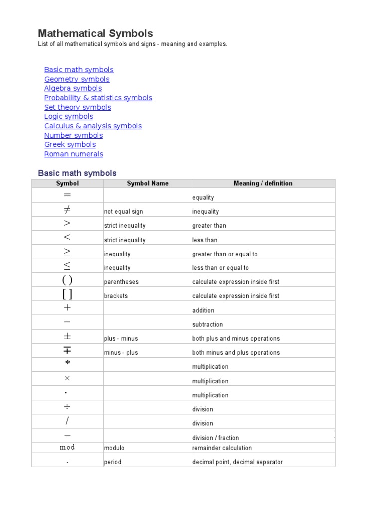 Mathematical Symbols And Meaning