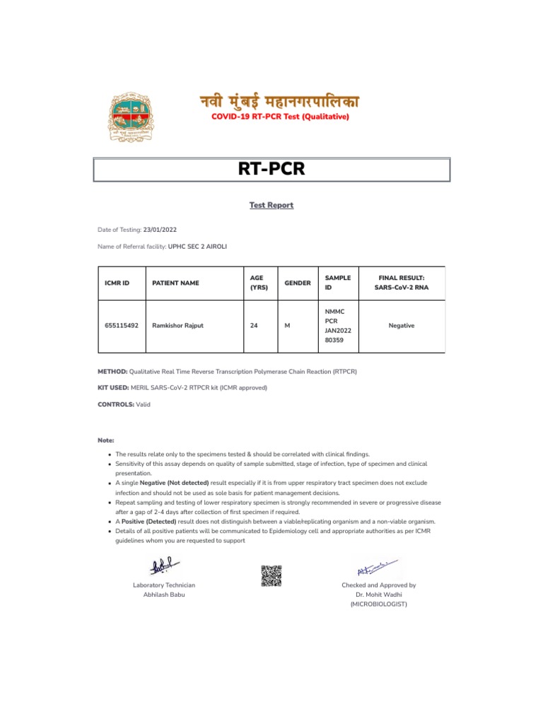 NMMC - Covid-19 Laboratory - Test Report | PDF | Reverse Transcription ...
