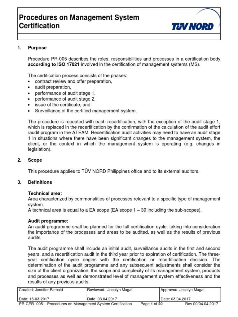 Procedures On Management System Certification: 1. Purpose | PDF | Audit ...