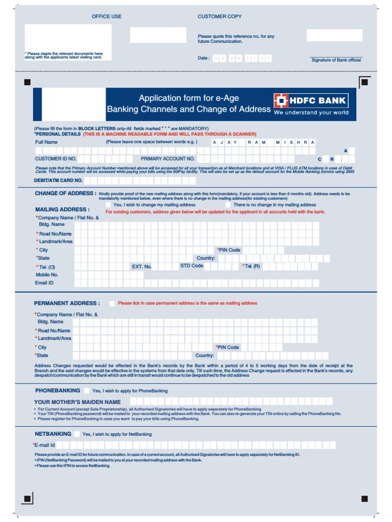 HDFC e-Age Banking Application Form | PDF | Debit Card | Automated ...