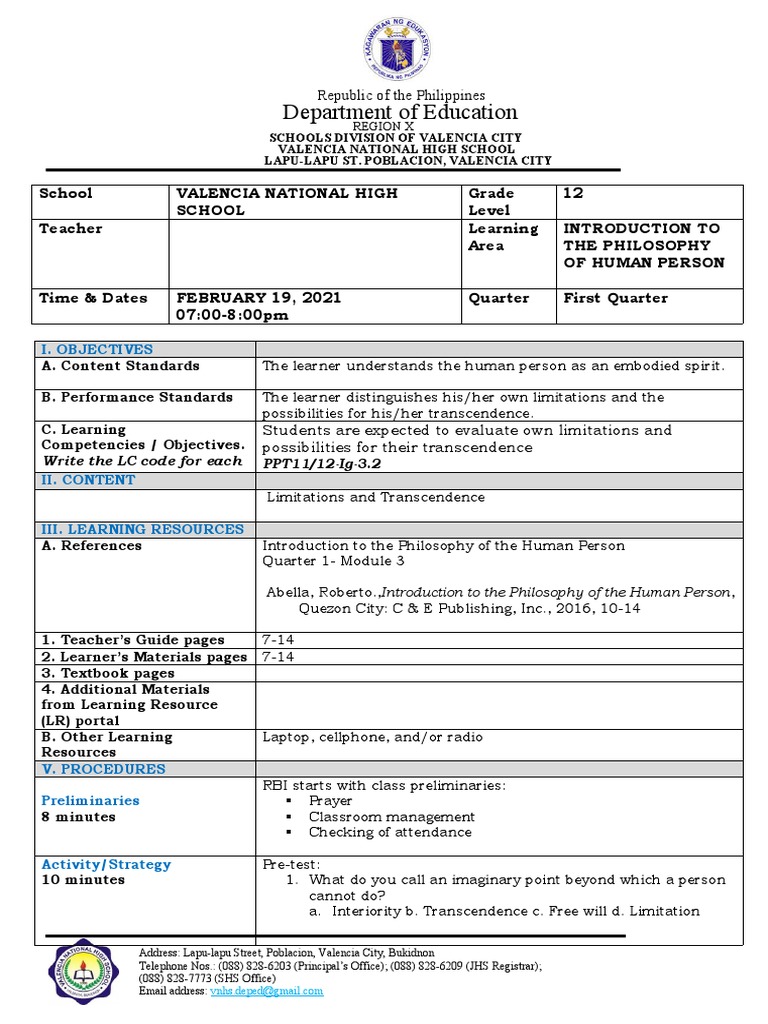 Lesson Plan Transcendence | PDF | Lesson Plan | Cognition