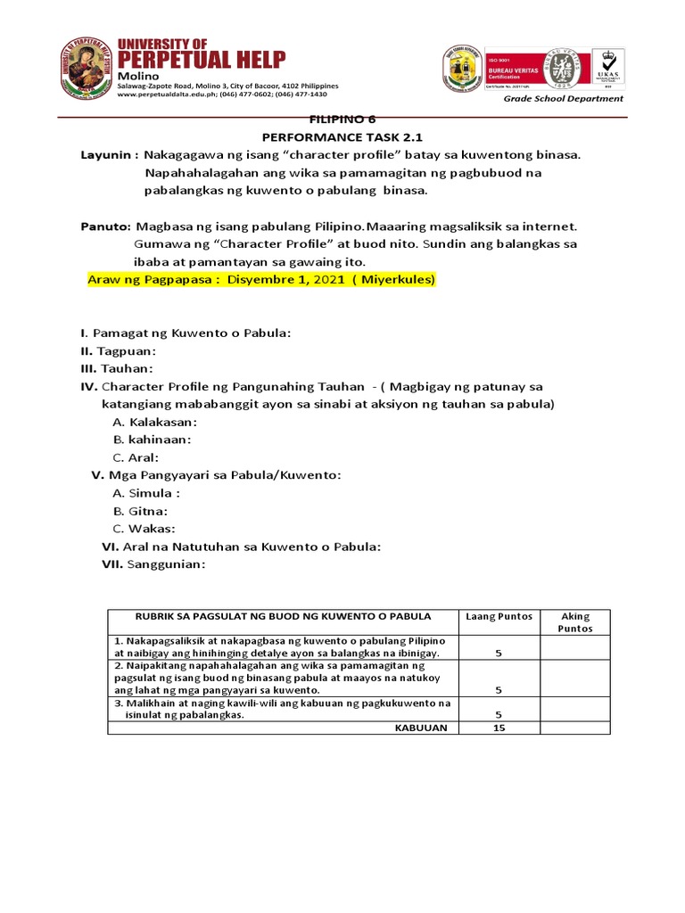 Filipino 6 - Performance Task 2.1 | PDF