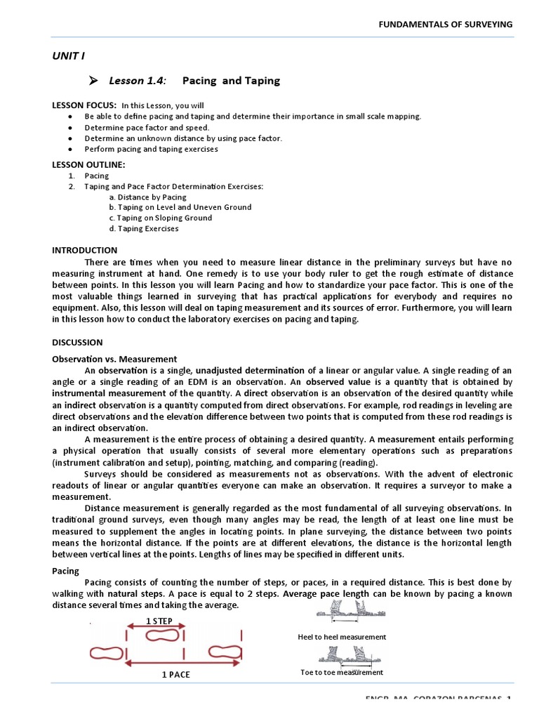 Lesson 1.4: Pacing and Taping: Unit I | PDF | Surveying | Measurement