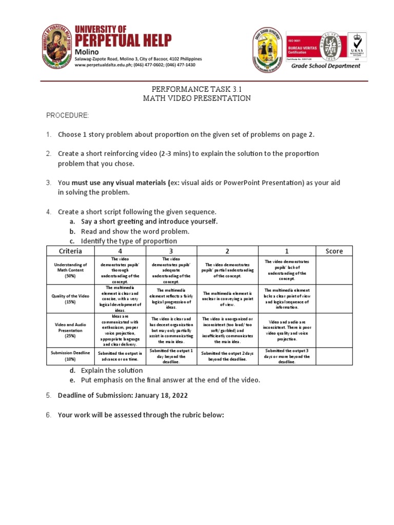 Performance Task 3.1 Math Video Presentation: Procedure: 1. 2 ...