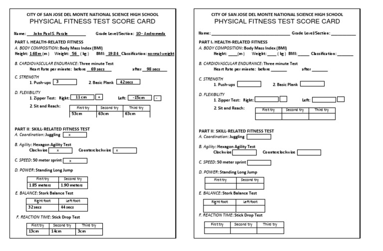 Physical Fitness Test Score Card | PDF | Body Mass Index | Determinants ...