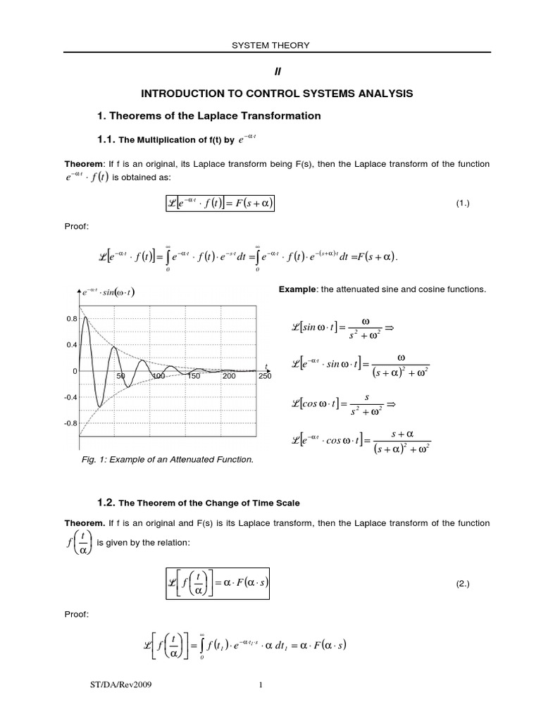 Introduction To Control Systems Analysis 1. Theorems of The Laplace ...