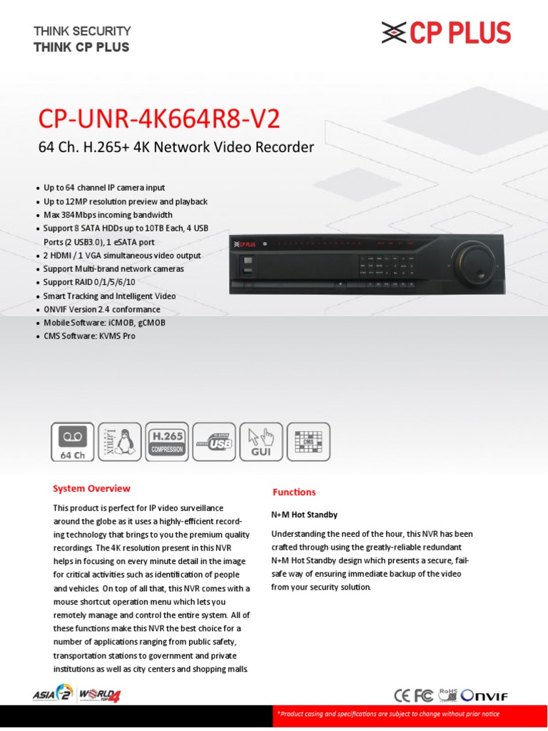 CP-UNR-4K664R8-V2: 64 Ch. H.265+ 4K Network Video Recorder | PDF | Surveillance | Port (Computer ...