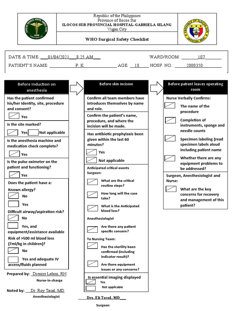 WHO Surgical Safety Checklist: Before Induction On Anesthesia ...