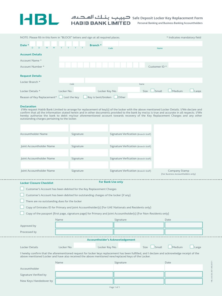 Date Branch Account Details: Safe Deposit Locker Key Replacement Form ...