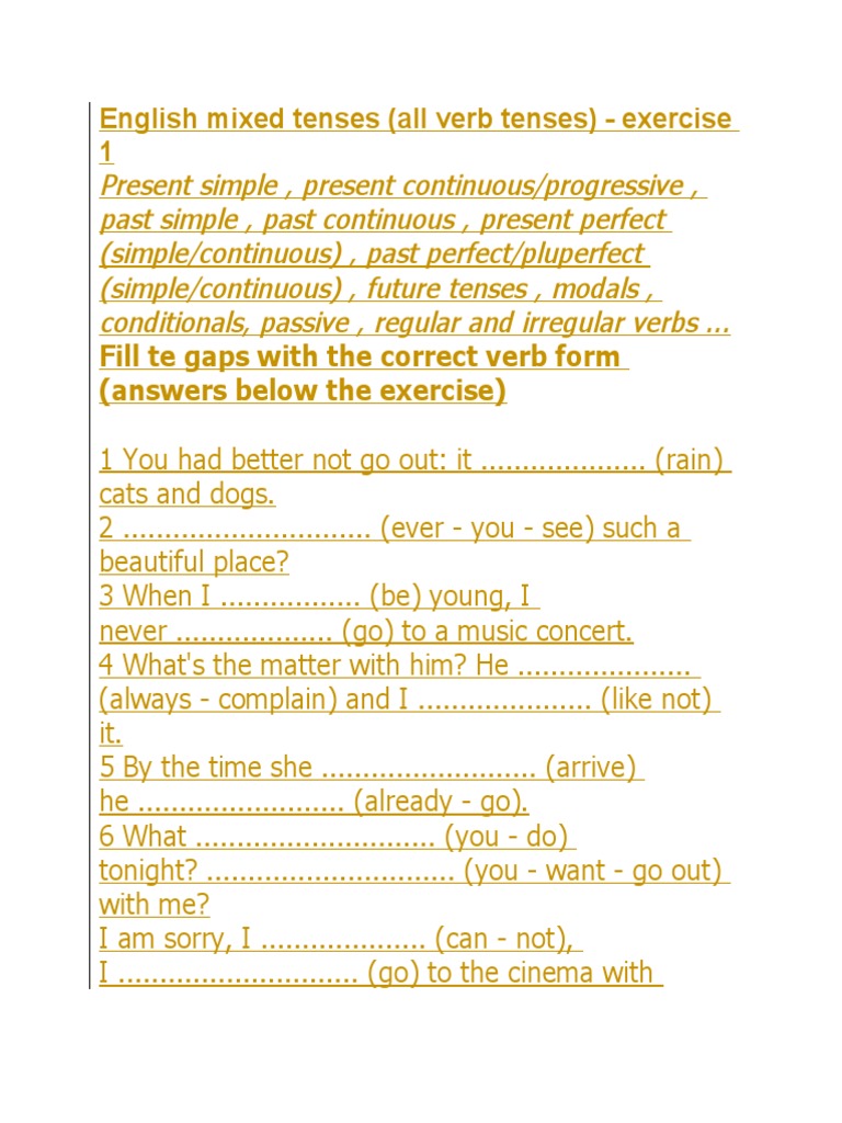 Mixed verb tenses exercise with answers | PDF | Linguistic Typology ...
