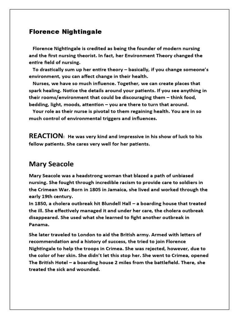 Reaction Mary Seacole: Florence Nightingale | PDF | Nursing | Health ...