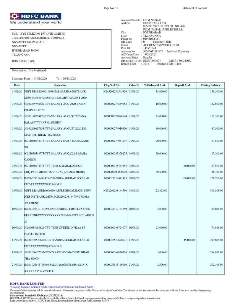 Statement of Account for M/S. Zye Telecom Private Limited from ...