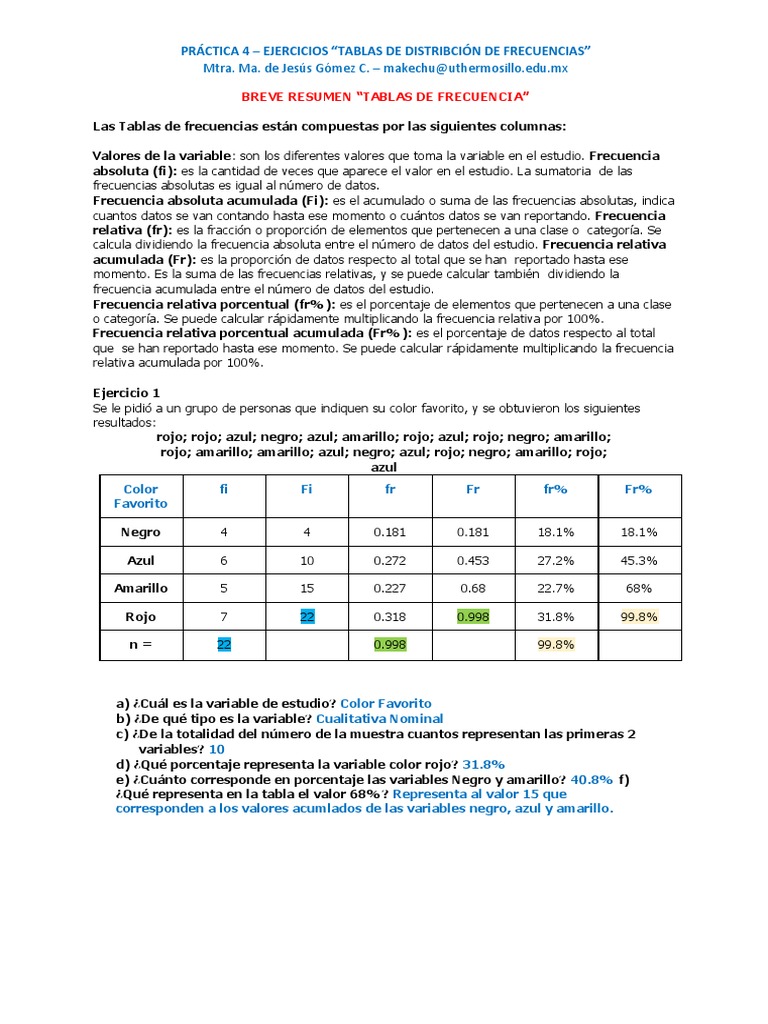 Prácica 4 - Ejercicios de Distribución de Frecuencias | PDF | Matemáticas | Matemática Elemental