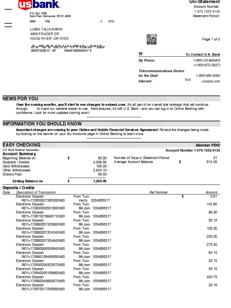 Us Bank Statement PDF | PDF | Interest | Cheque