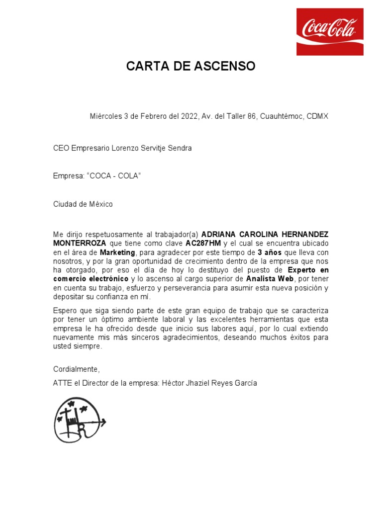 Ejemplos De Cartas De Promoción Laboral