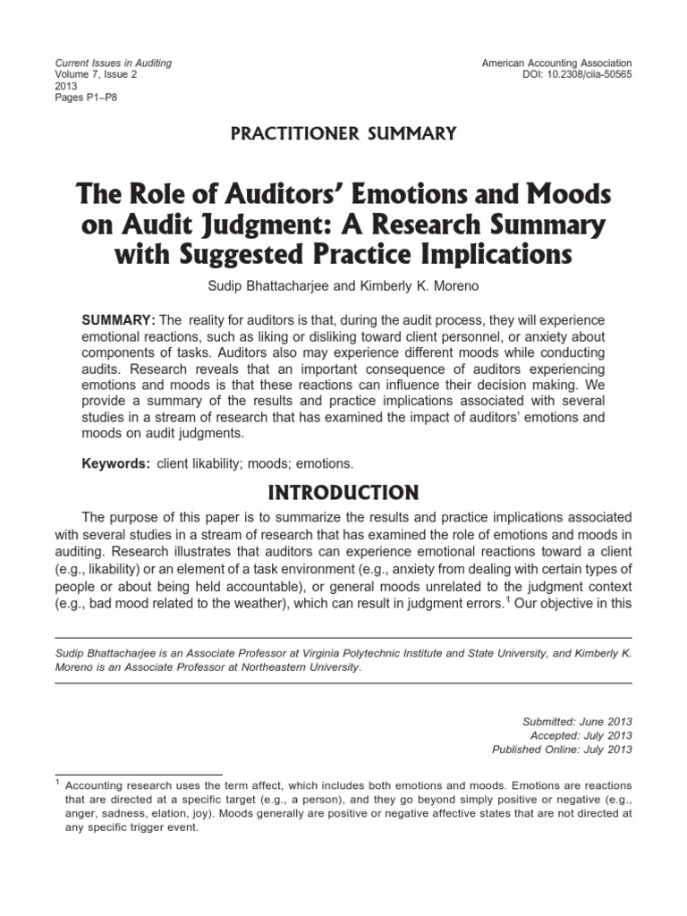 The Role of Auditor's Emtions and Moods On Audit Judgement A Research ...