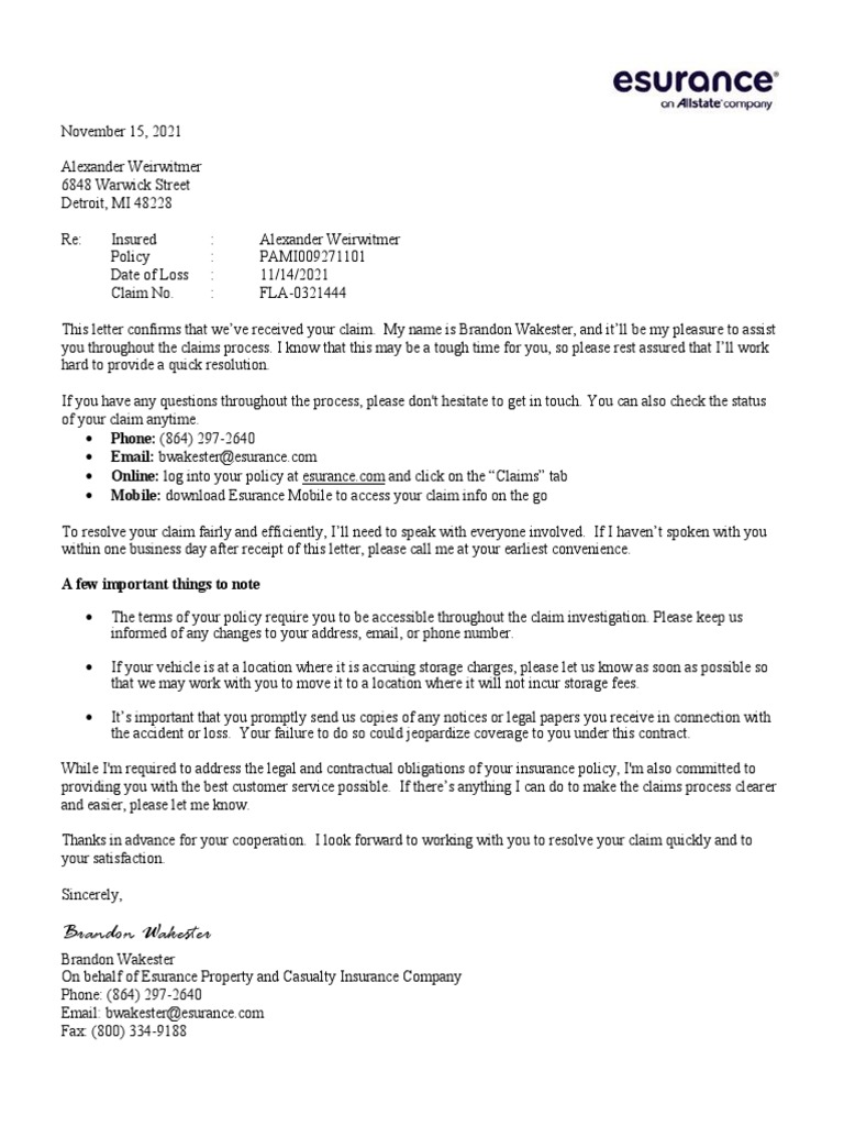 Claim confirmation letter for insured Alexander Weirwitmer | PDF ...