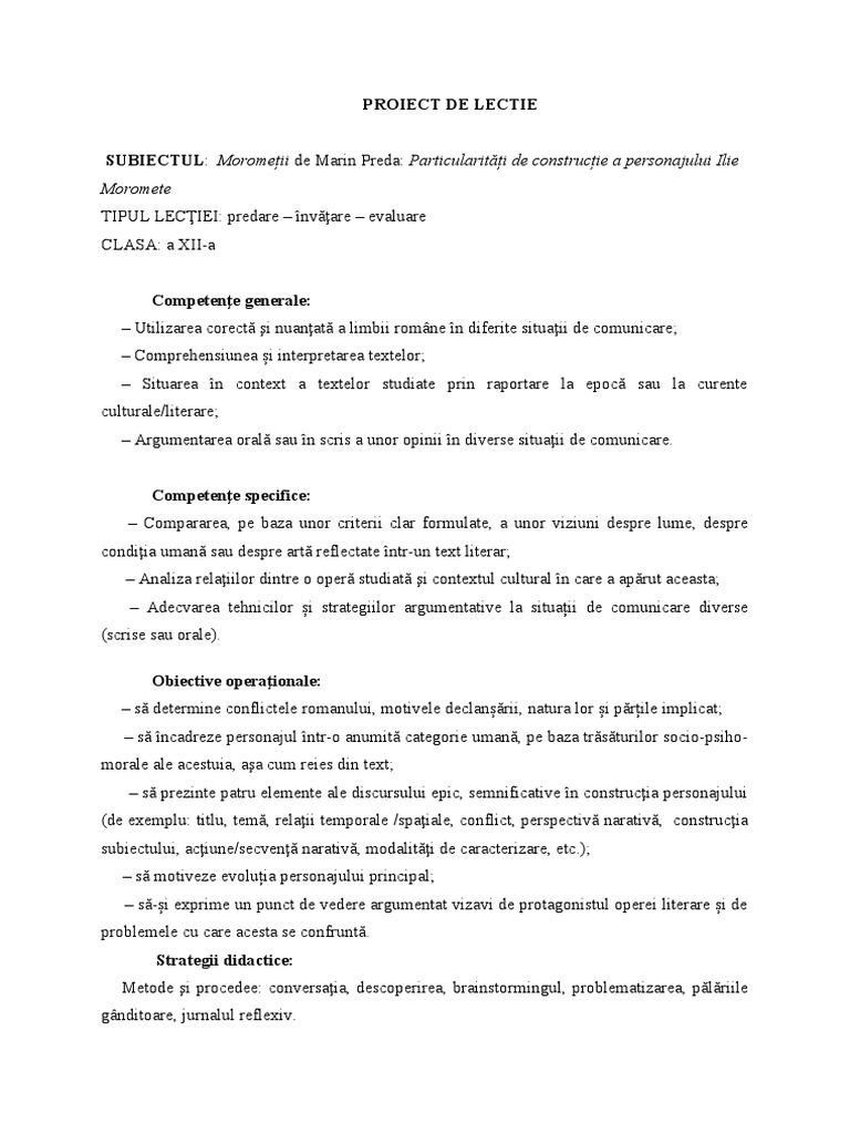 Proiect de Lectie Morometii | PDF