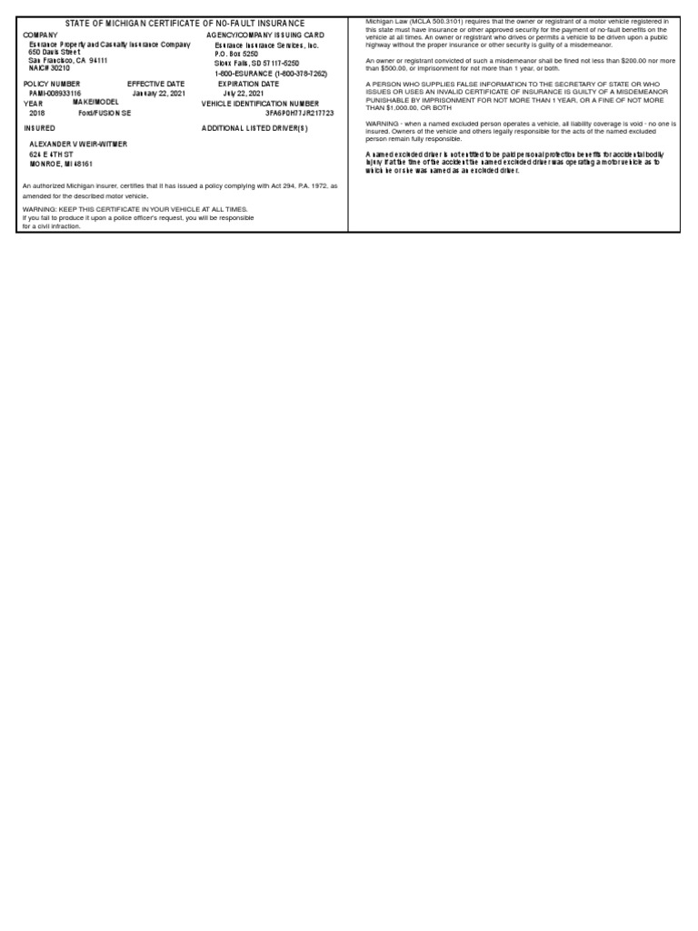 State of Michigan Certificate of No-Fault Insurance: Company Agency ...