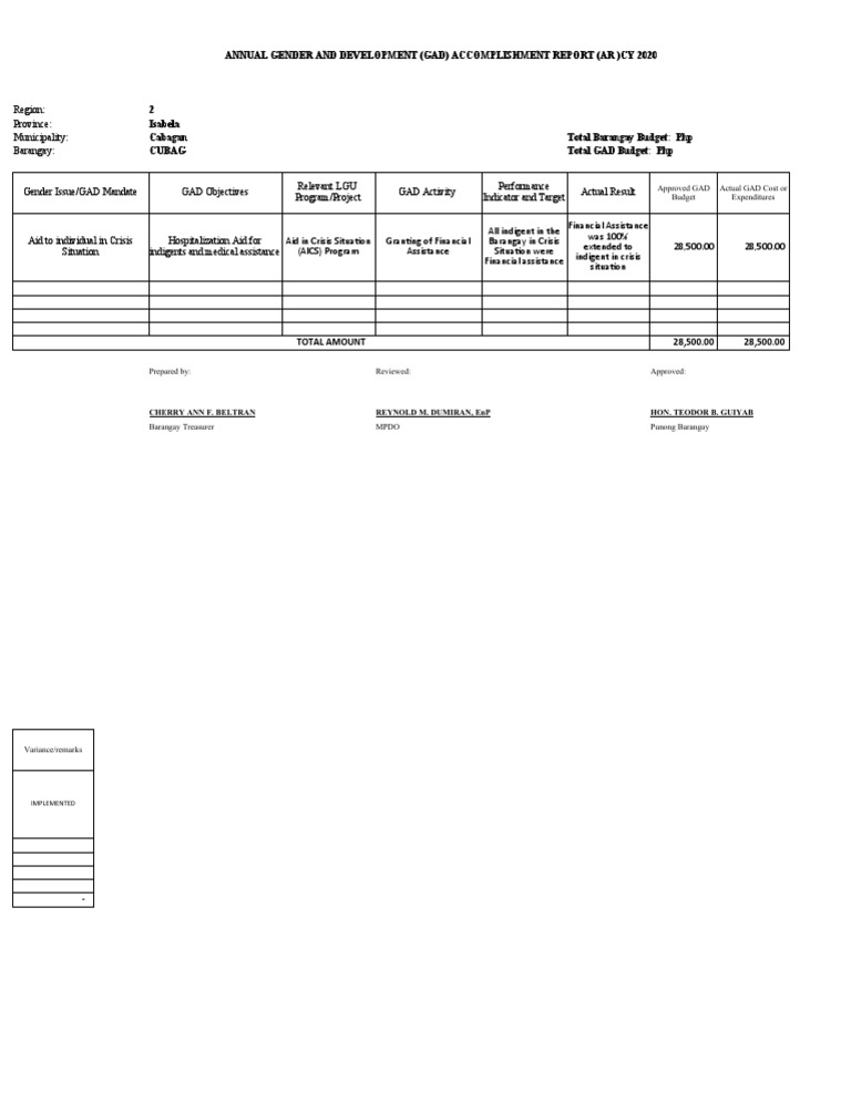 Sample of Gad Accomplishment Report 2020 | PDF | Economies