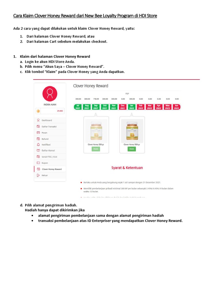 Panduan Klaim Clover Honey Reward (New Bee Loyalty Program) | PDF
