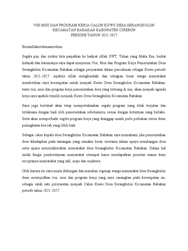 Visi Misi Dan Program Kerja Calon Kuwu Desa Serang Kulon Kecamatan Babakan-1 | PDF