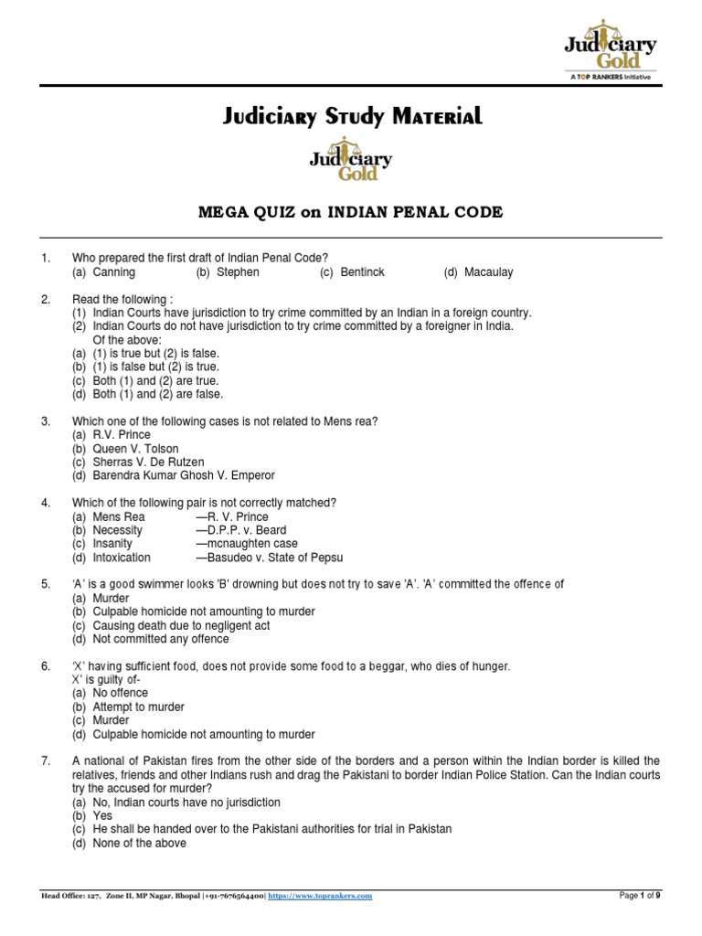 IPC Mega Quiz Questions | PDF | Mens Rea | Kidnapping