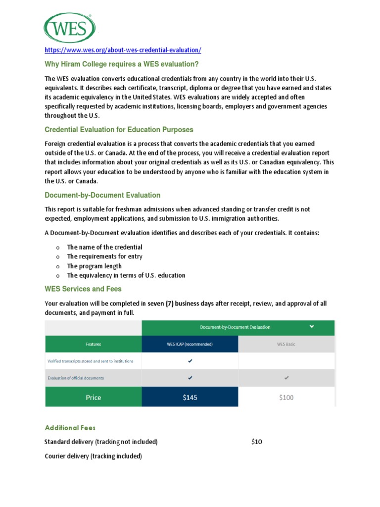 Why Hiram College Requires A WES Evaluation? | PDF | Credential ...