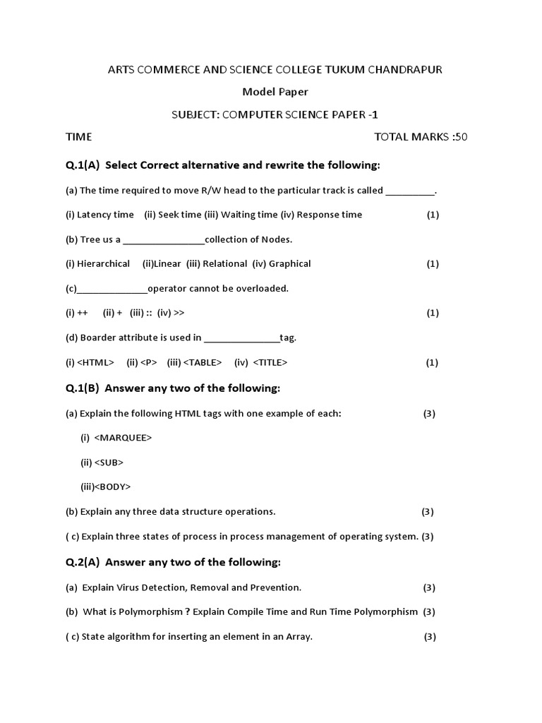 Computer Science Model Paper | Pdf | Integer (computer Science) | C++