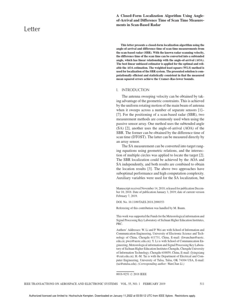 A Closed-Form Localization Algorithm Using Angle-of-Arrival and Difference Time of Scan Time ...