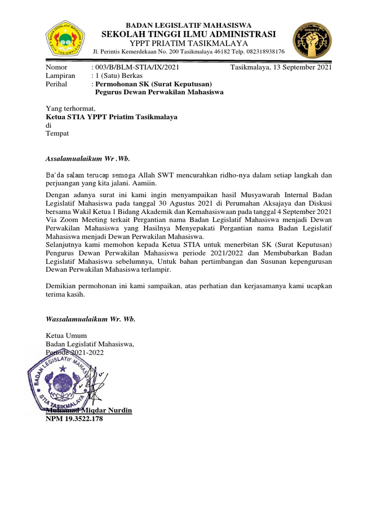 Surat Permohonan SK BLM Jadi DPM | PDF | Karier & Perkembangan | Bisnis