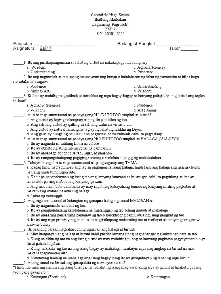 Esp 7 Quarter 3 Summative 1 | PDF