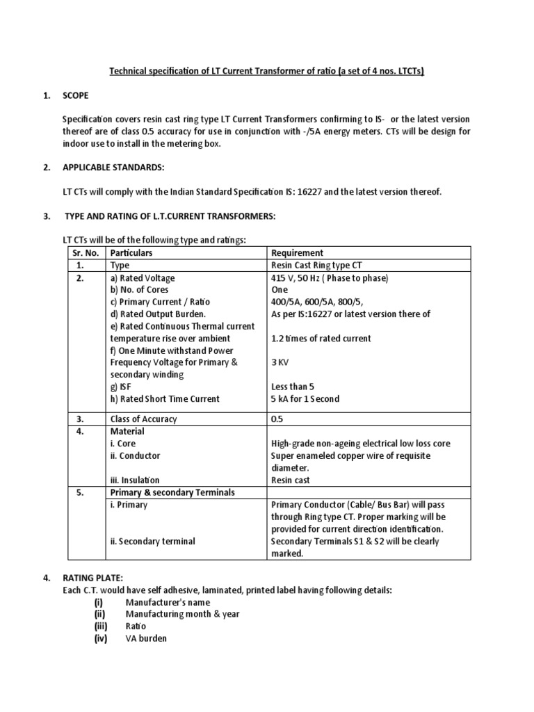 LT Current Transformer Technical Specs | PDF | Transformer | Power ...