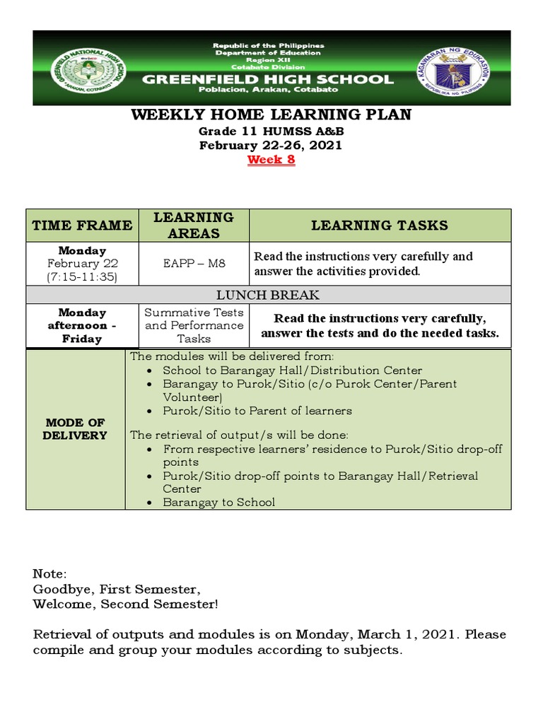 Weekly Home Learning Plan: Time Frame Learning Areas Learning Tasks | PDF
