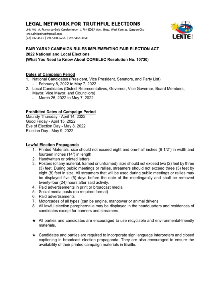 Campaign Rules Implementing Fair Election Act For The 2022 National and ...