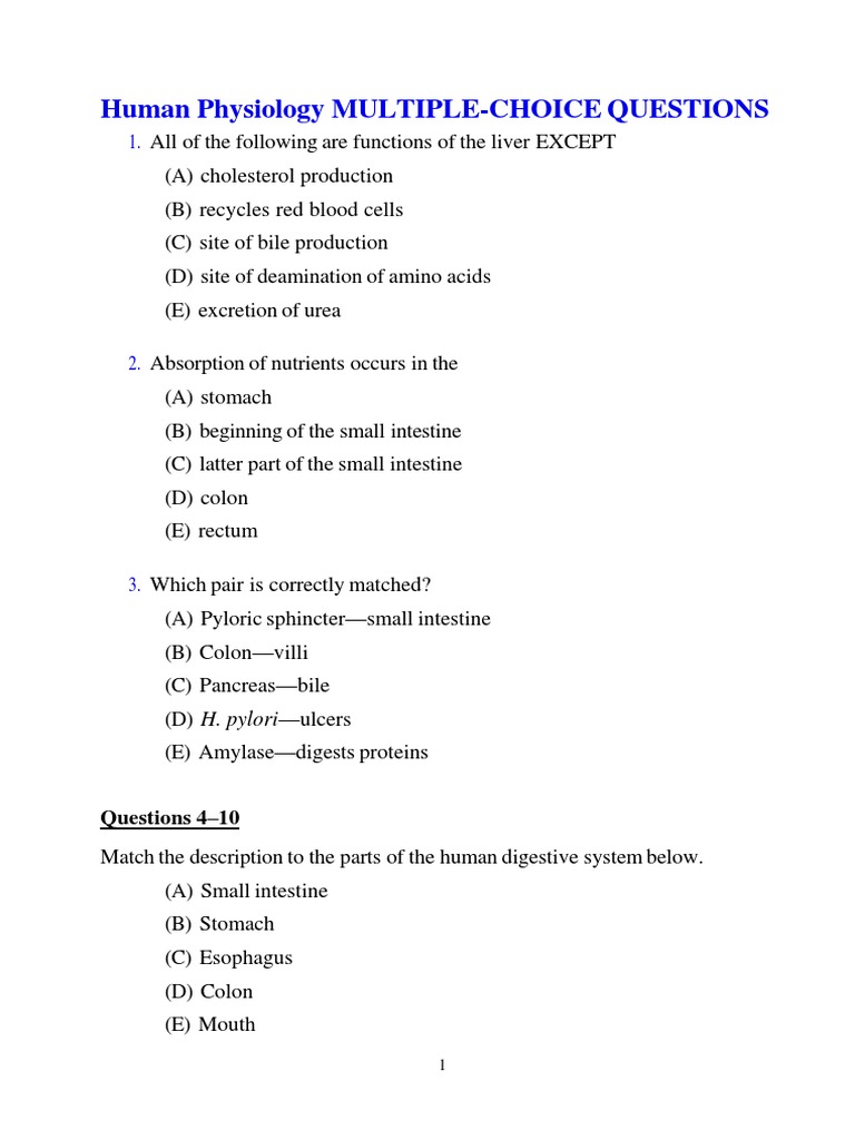 Human Physiology Multiple-Choice Questions | Download Free PDF | Atrium ...