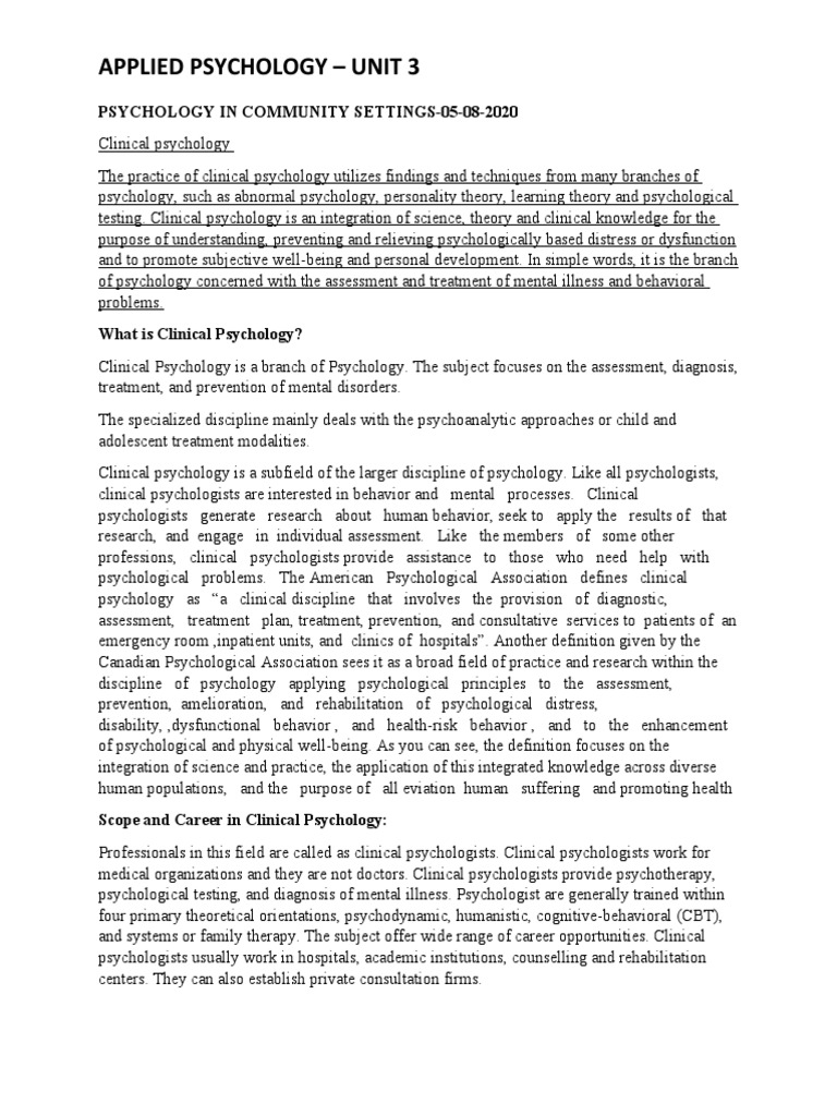 Applied Unit 3 | PDF | Psychology | Clinical Psychology