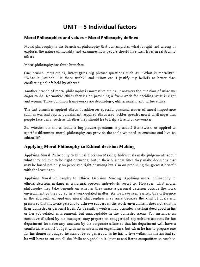 UNIT - 5 Individual Factors: Moral Philosophies and Values - Moral ...