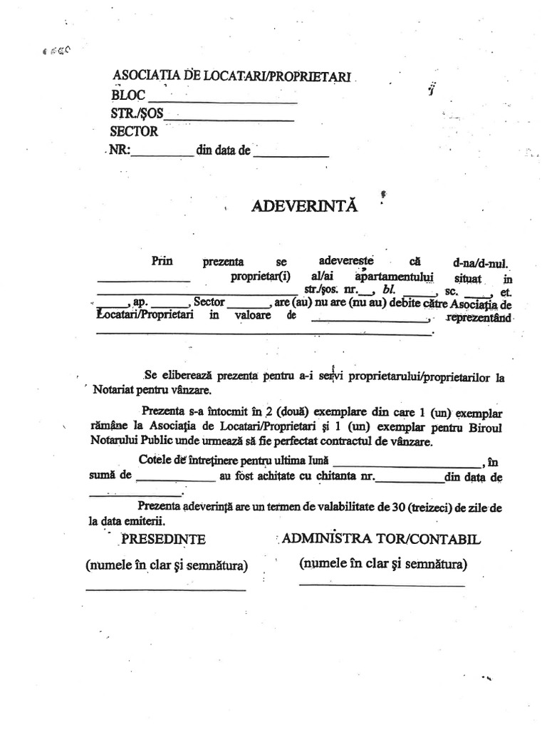 Model Adeverinta Asociatia de Proprietari | PDF